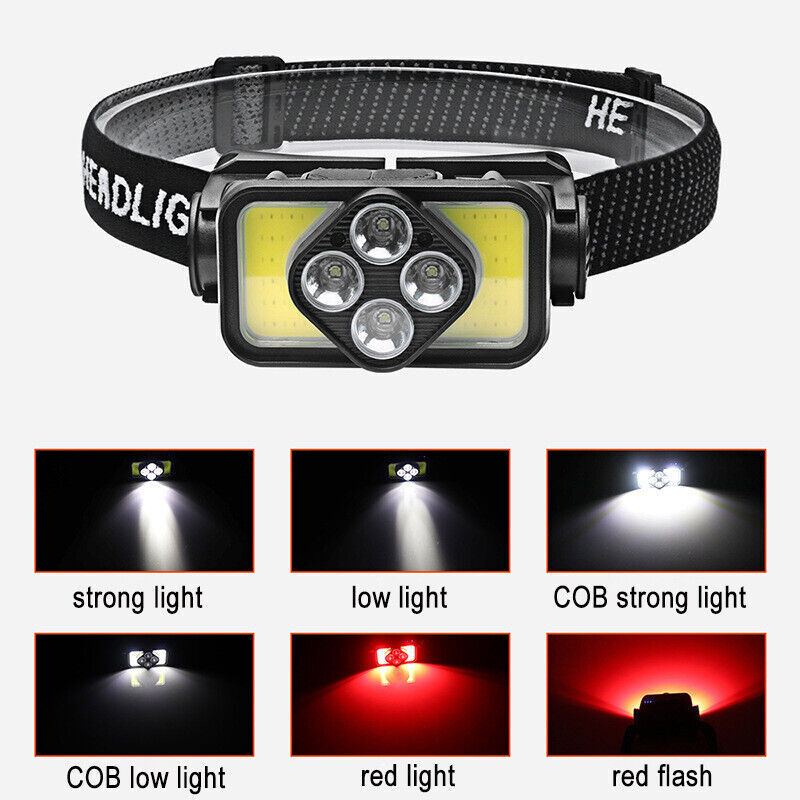 COB LED Headlamp USB Rechargeable Headlight Torch Work Light Bar Head ...