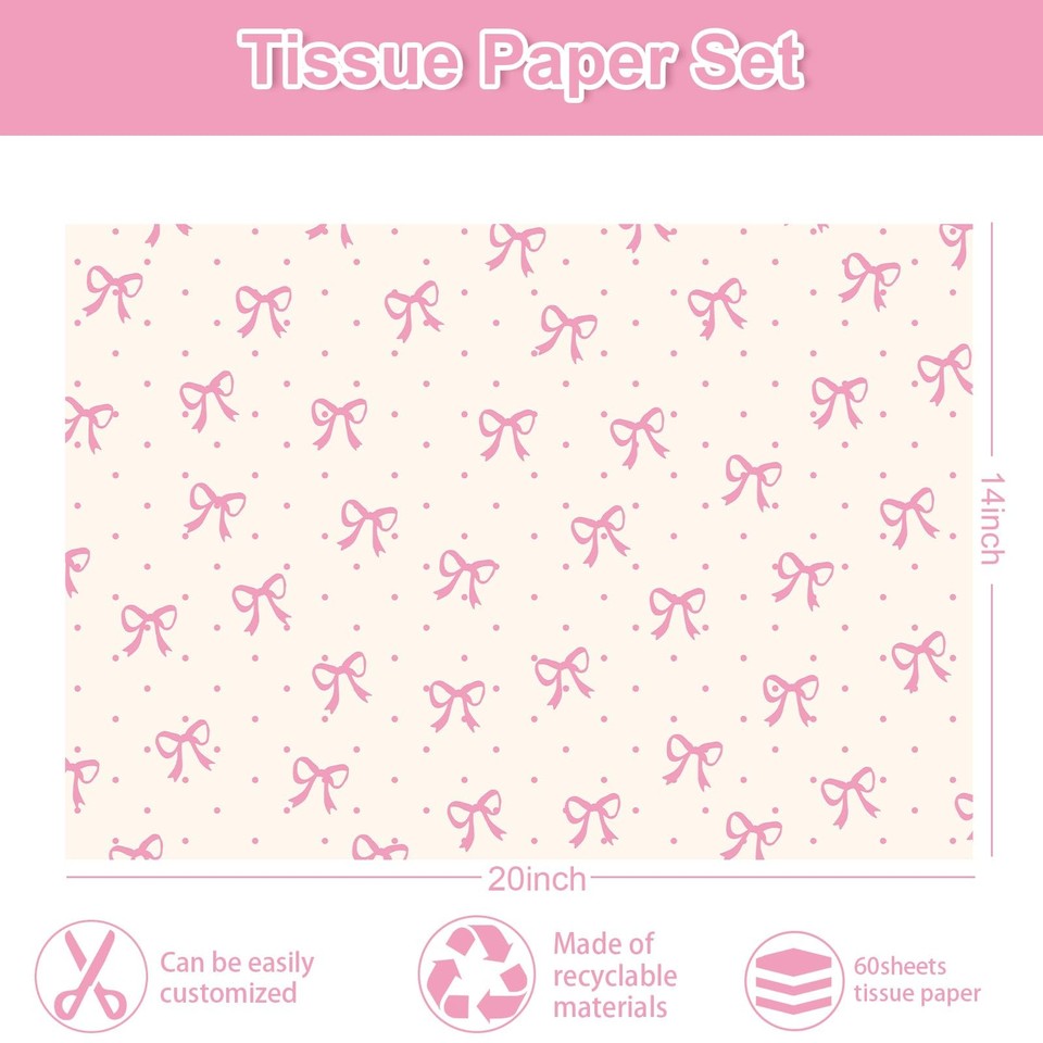 60 Sheets Pink Bow Tissue Cute Bow Knot Dot Gift Wrapping Decorative ...