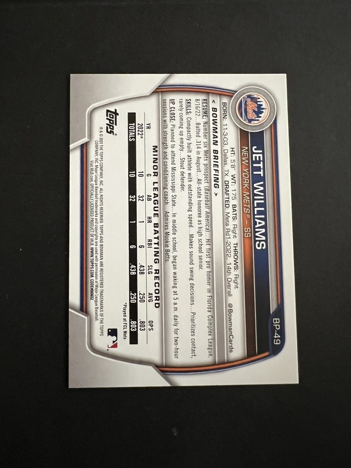 Jett Williams 2023 Bowman Prospect Sky Blue Card 041/499 #BP-49 | eBay