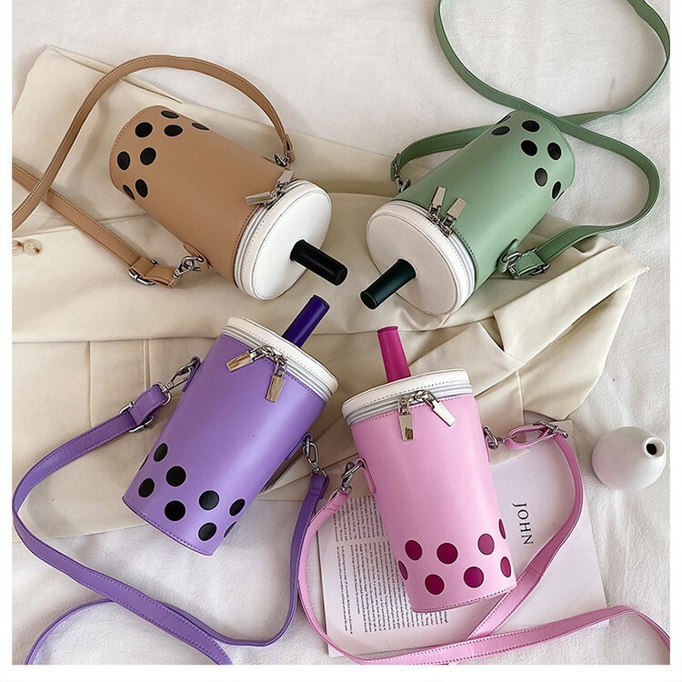 Cute Cartoon Boba Milk Tea Shoulder Bag Boba Tea Handbag w/ straw ...