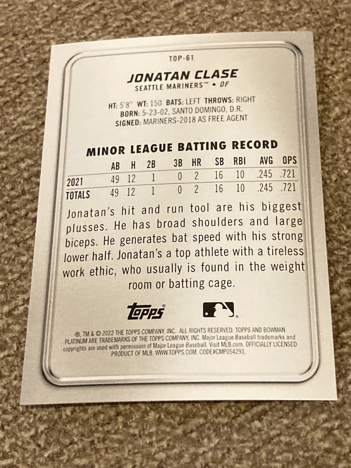 2022 Bowman Platinum Jonathan Clase # Top-61 Mariners Prospect | eBay