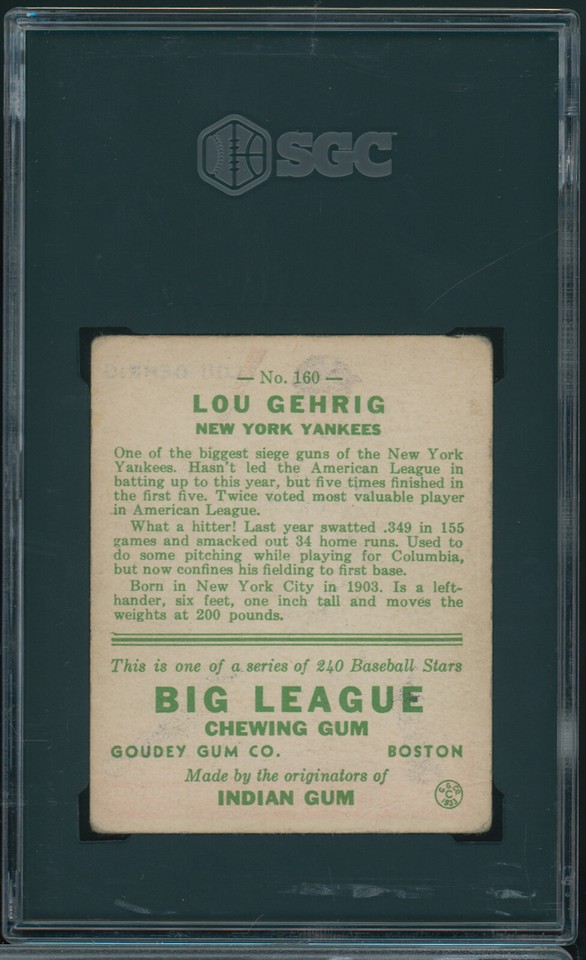1933 Goudey Baseball #160 Lou Gehrig Rookie Card Graded SGC 3 VG B7 | eBay