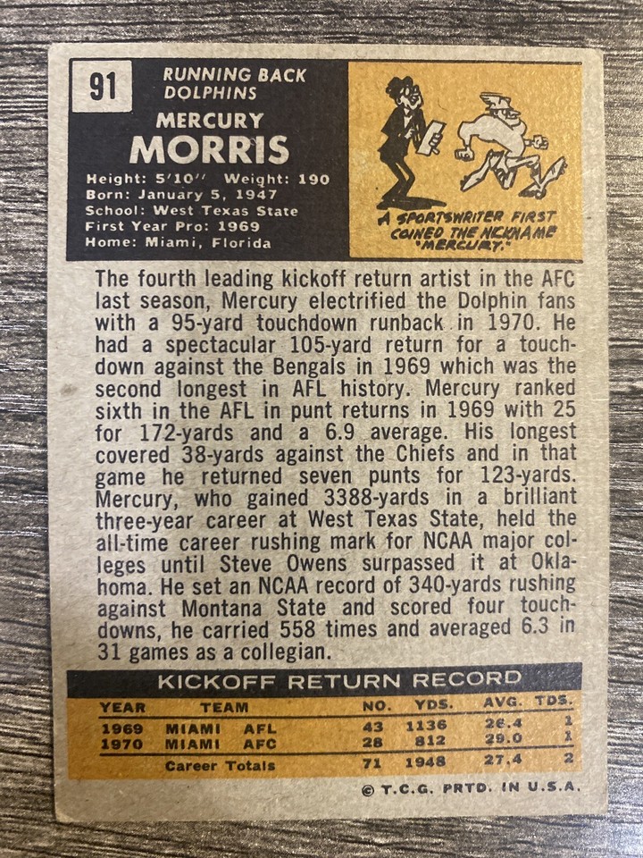 1971 Topps Mercury Morris ROOKIE Miami Dolphins #91 Football Card | eBay