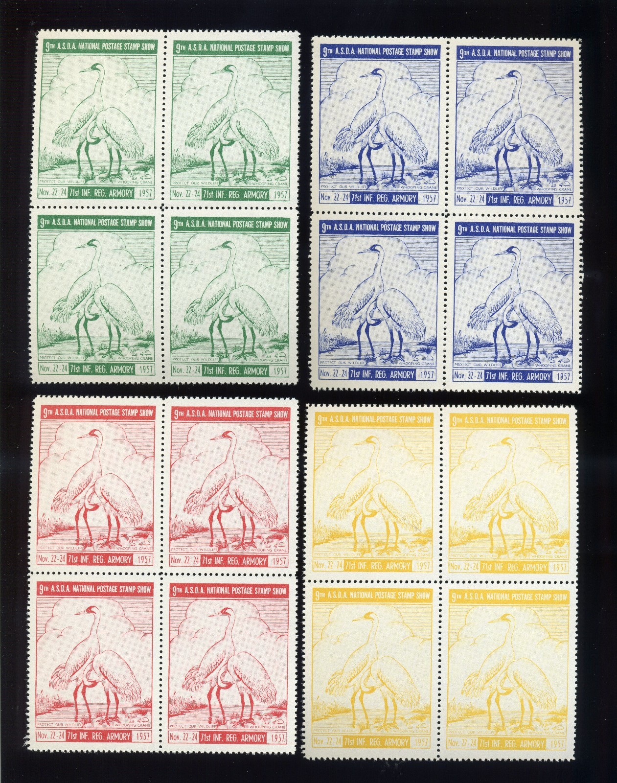 4 DIFFERENT COLOR BLOCKS OF 4 STAMPS 1957 ASDA NATIONAL POSTAGE STAMP ...