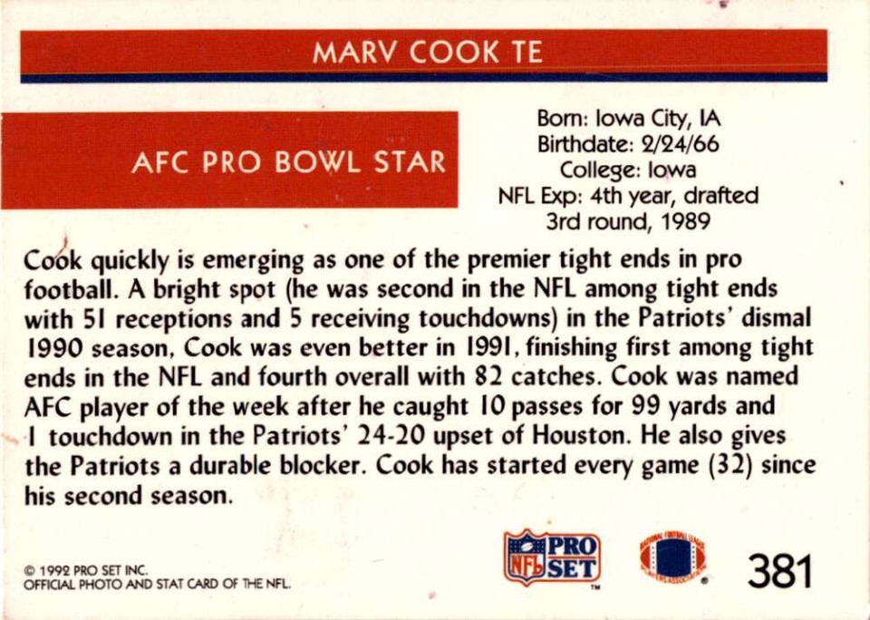 1992 Pro Set #381 Marv Cook ID:45790 | eBay