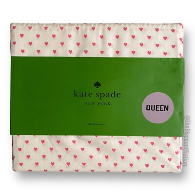 Kate Spade QUEEN Sheet Set Cotton Percale PINK Hearts on White ...