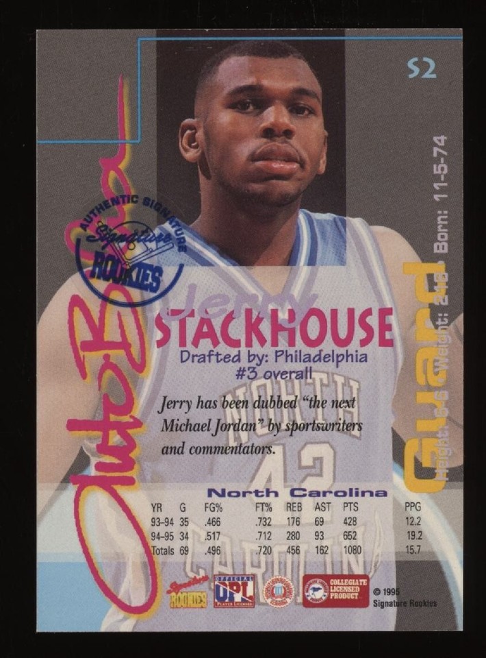 1995-96 Jerry Stackhouse Signature Rookies Auto Autograph Rookie Rc ...