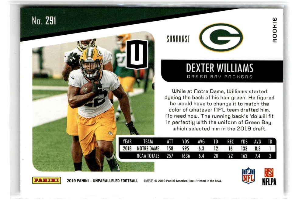Dexter Williams RC Green Bay Packers 2019 Panini Unparalleled Sunburst ...