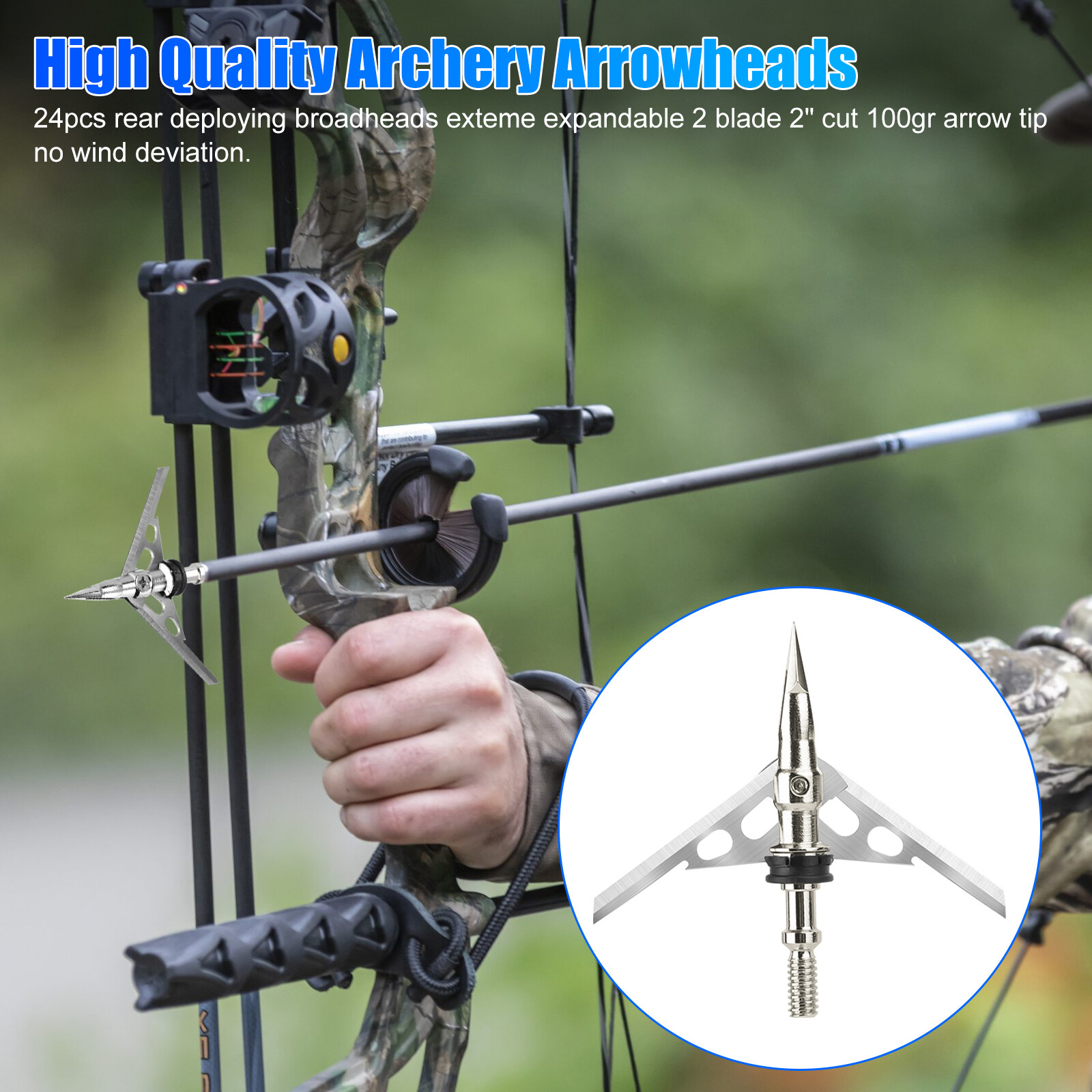 24Pcs 100 Grain Archery Broadheads 2" Dia Expandable Hunting Arrowhead ...