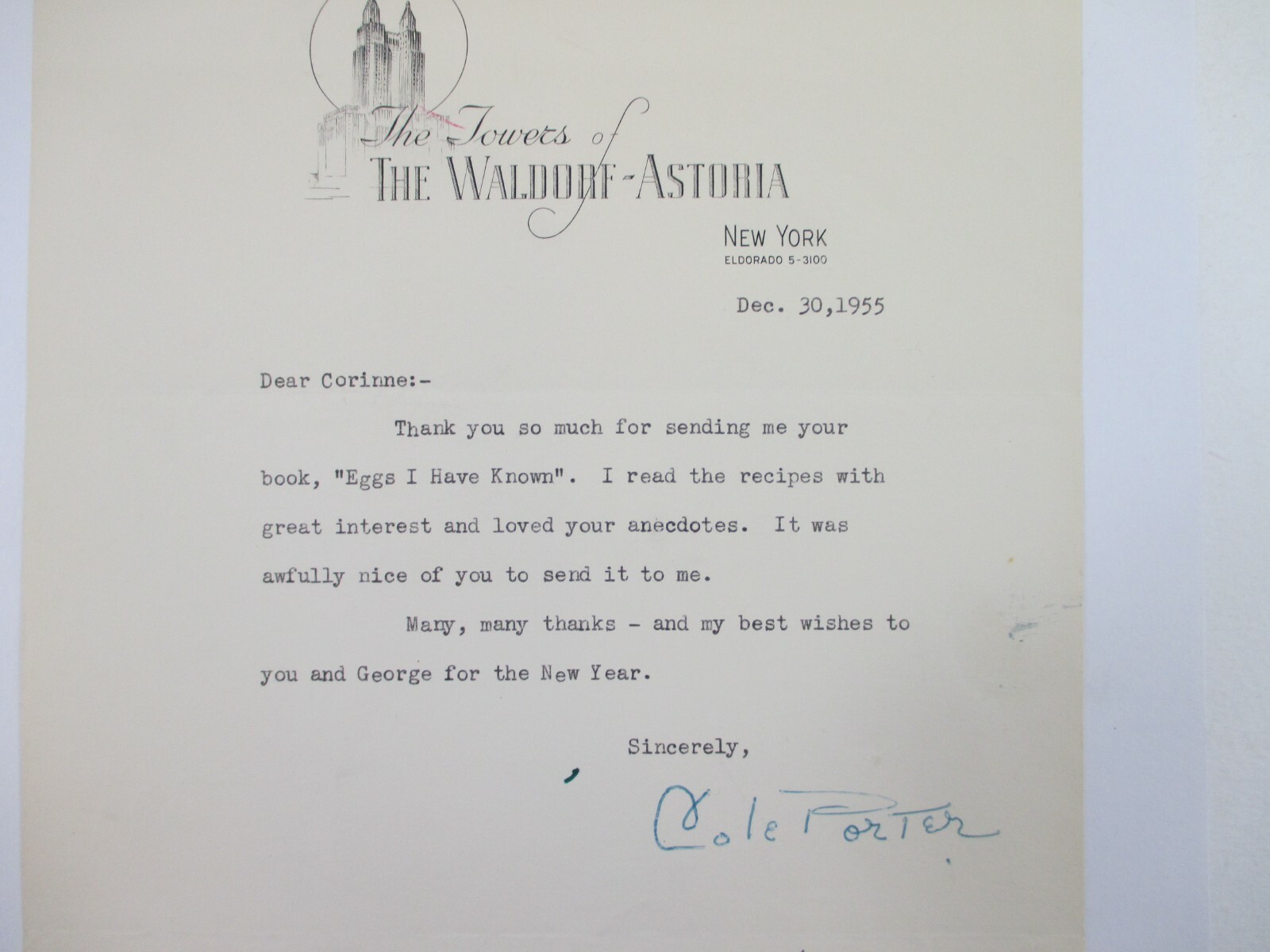 SIGNED by COLE PORTER 1955 Vintage Personal Letter to Corinne Griffith ...