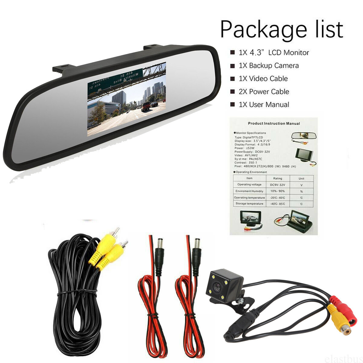 Reverse Camera Night Reversing Camera Rear View Mirror Waterproof 4.3 ...