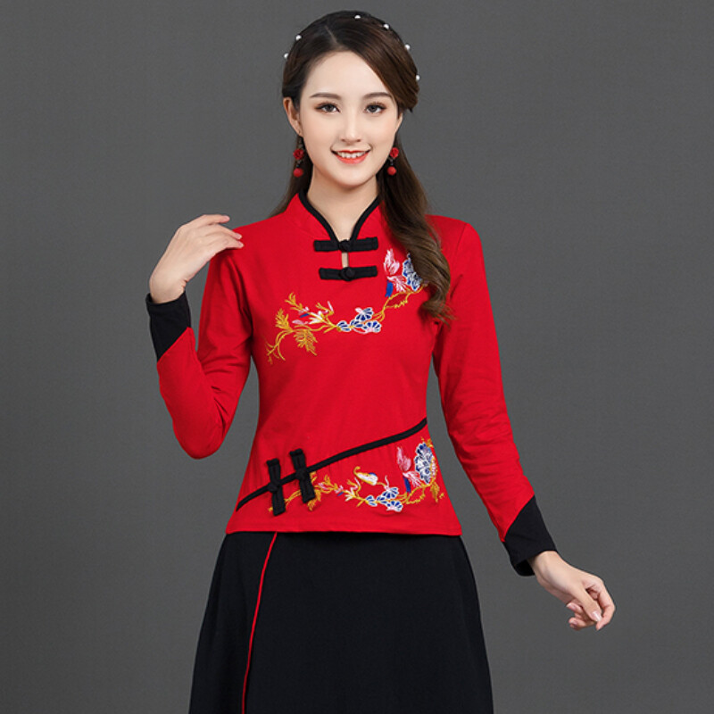 Women Retro Floral Embroidery Shirt Chinese Tops Ethnic Frog Button ...