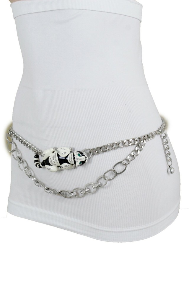 Women Belt Silver Metal Chain Link Wave White Tiger Bling Buckle XS S M ...