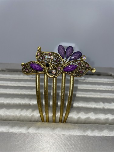 Purple Rhinestone Peacock Antique Gold Tone Hair Comb Vintage | eBay
