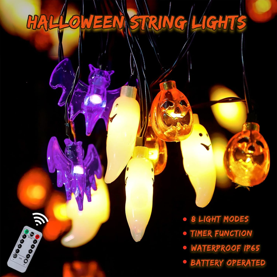 Halloween Lights, 20Ft 30 LED Pumpkin Ghost Bat String Lights Battery ...