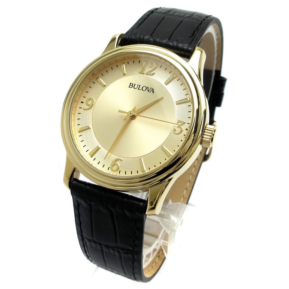 Bulova Gold Round Watch 3 Hand Quartz Leather Strap Box Authentic ...