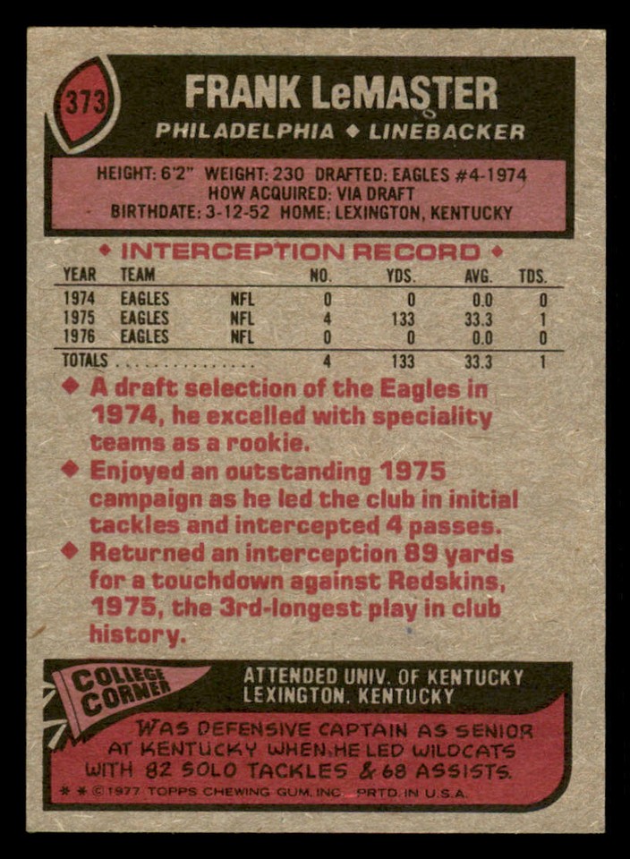 1977 Topps Frank LeMaster # 373 Philadelphia Eagles | eBay