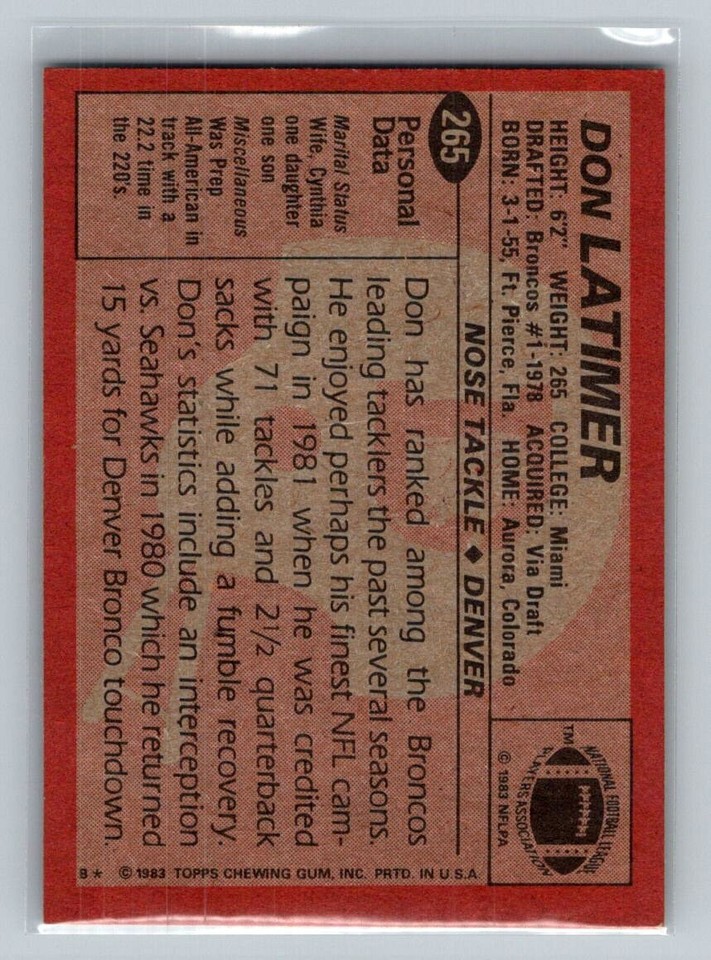 1983 NFL Topps Don Latimer #265 Denver Broncos 83-TFBC | eBay