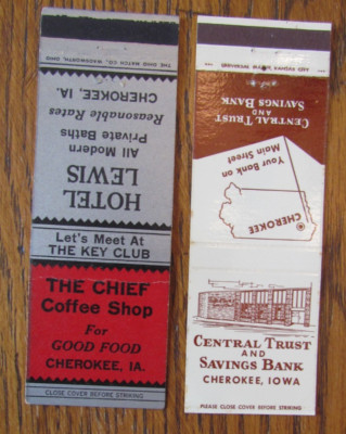 CHEROKEE, IOWA MATCHBOOK MATCHCOVERS: CHIEF COFFEE SHOP & CENTRAL TRUST ...