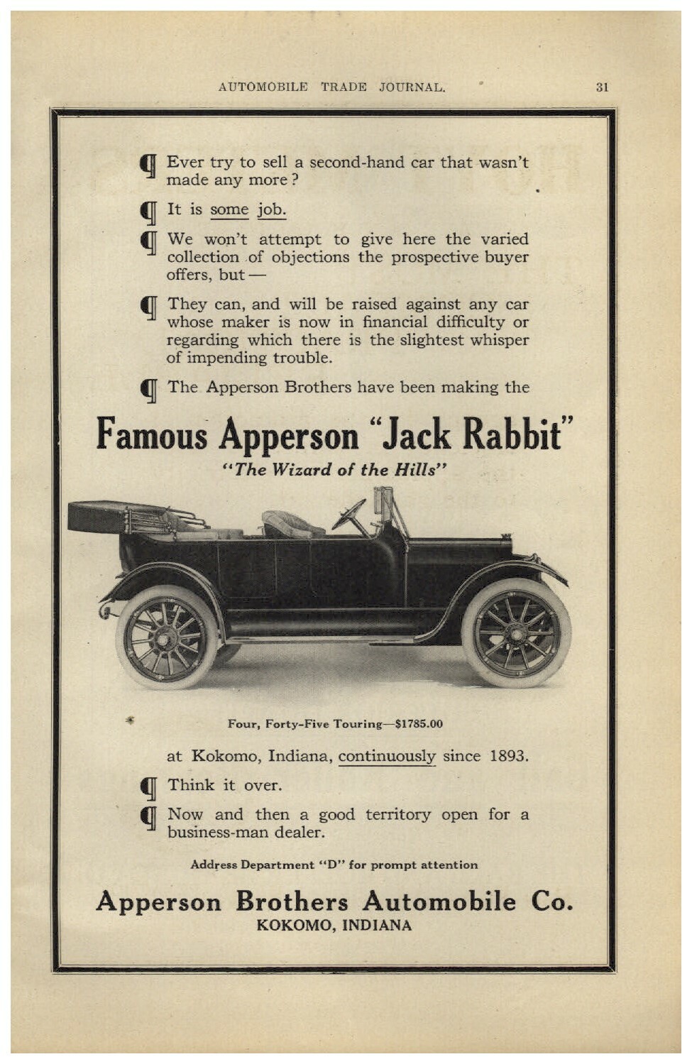 1913 PAPER AD Car Auto Automobile Apperson Bros Jack Rabbit Kokomo ...