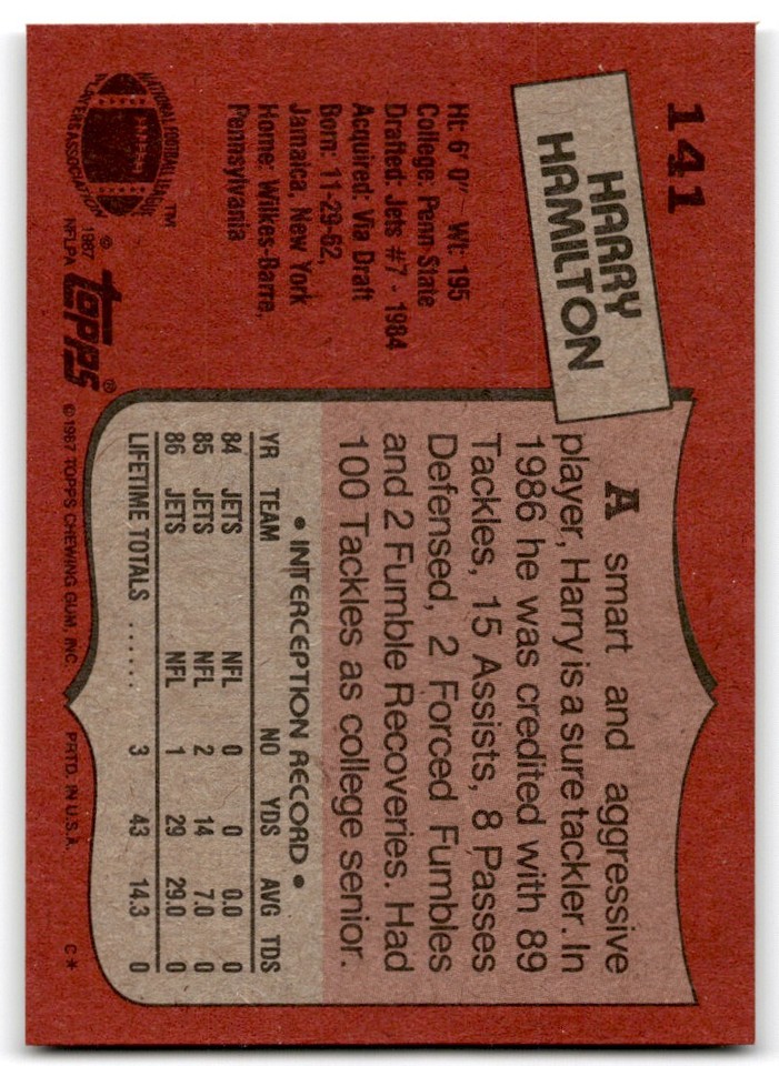 1987 Topps Harry Hamilton New York Jets #141 | eBay