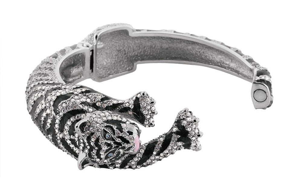 Siberian Tiger Cuff Bangle Rhodium Plated Metal Alloy Set With Enamel ...
