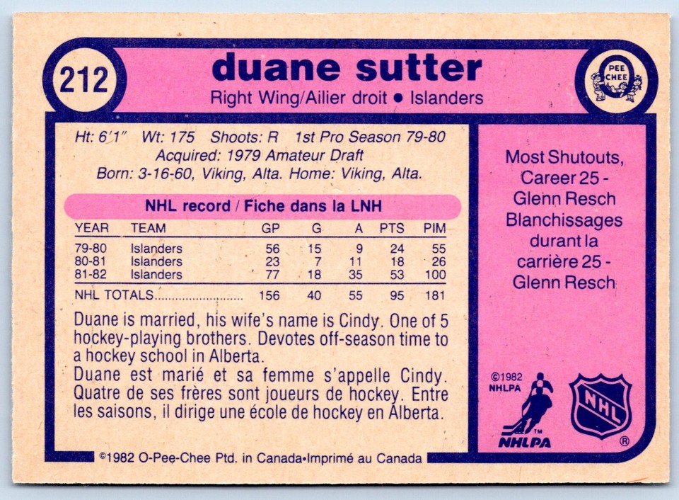 DUANE SUTTER 1982-83 O-PEE-CHEE 82-83 NO 212 NRMINT+ 38537 | eBay