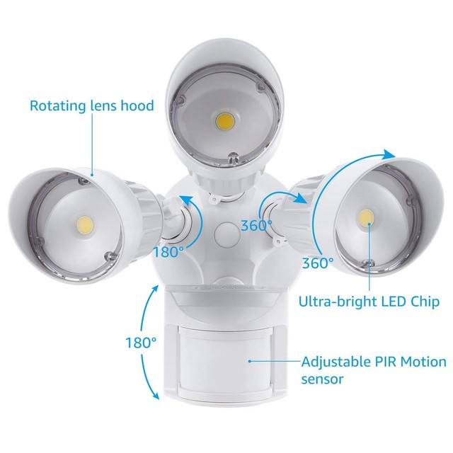 White 3 Head Security Light Outdoor Motion Activated Sensor 120v 5000k ...