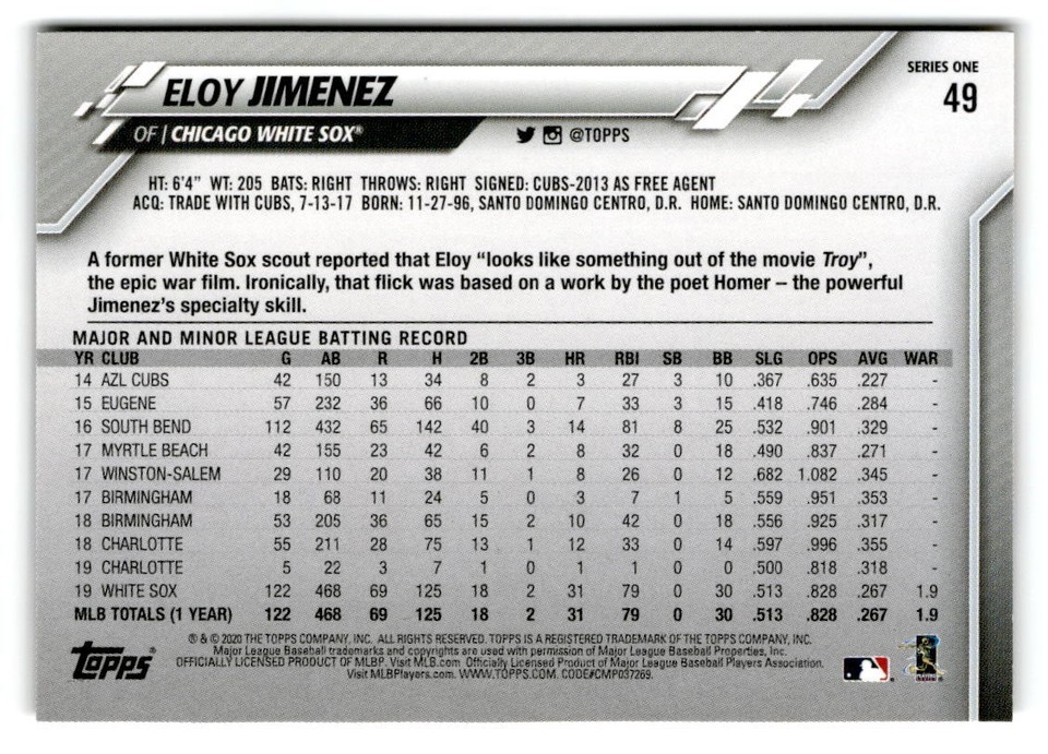 2020 Topps Eloy Jimenez #49 Rookie Cup Chicago White Sox | eBay