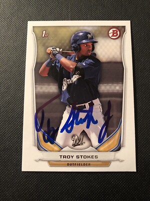 Troy Stokes Signed 2014 Bowman Draft Card Auto Milwaukee Brewers ...