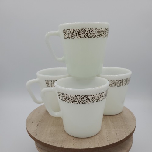 Vintage 4 PYREX WOODLAND Brown Flowers Coffee MUG CUP Milk Glass D ...