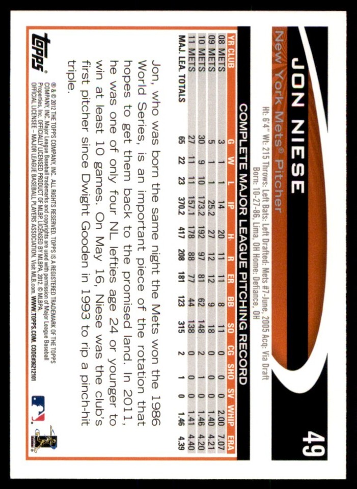 2012 TOPPS #49 JON NIESE NEW YORK METS | eBay