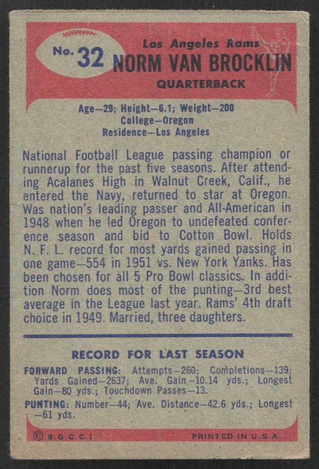 1955 Bowman #32 Norm Van Brocklin Los Angeles Rams wrinkling HOF NO ...