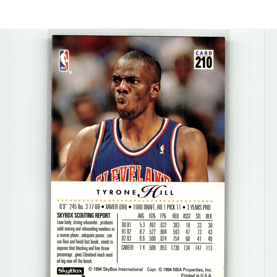 1993-94 SkyBox Premium Tyrone Hill #210 Cleveland Cavaliers NBA ...