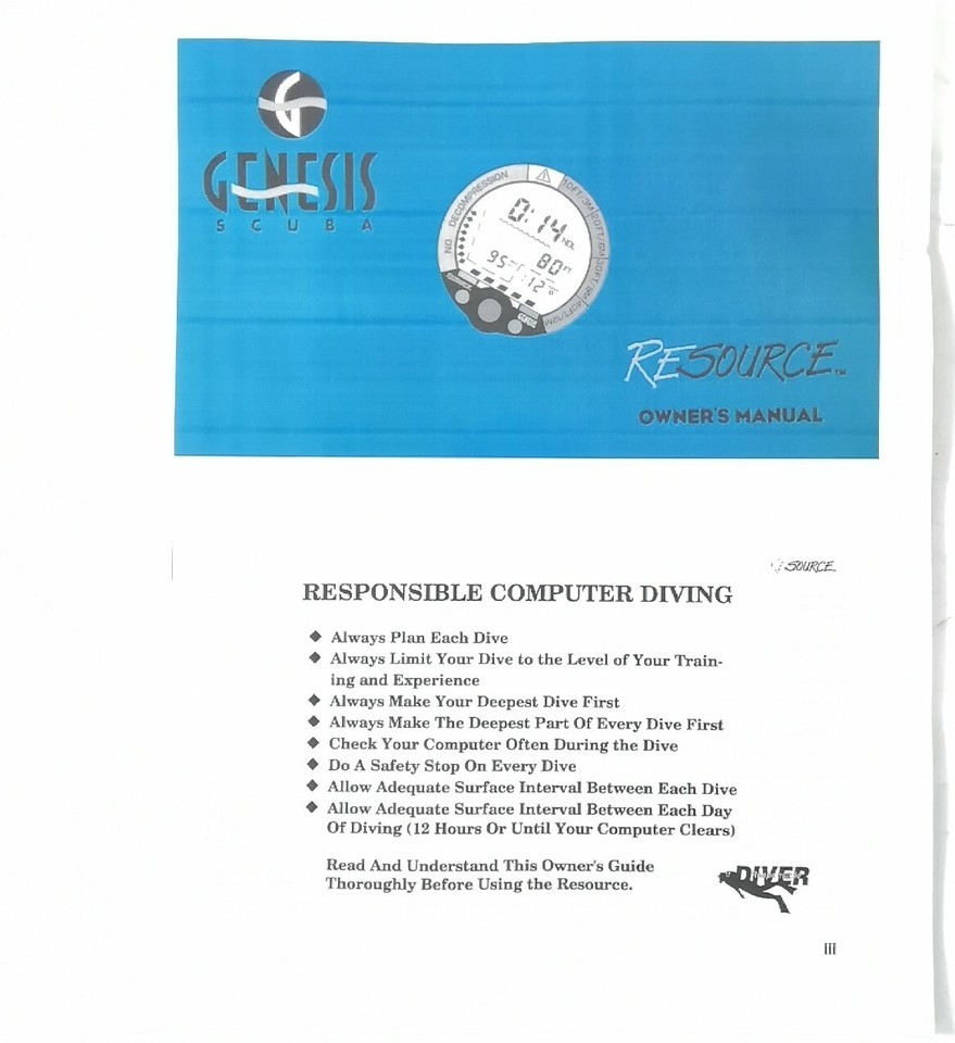 Genesis Resource Scuba Dive Computer Printed Manual 64 Pages | eBay