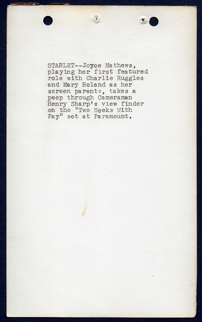 JOYCE MATHEWS actress w. camera cameraman 1939 ORIG KEYBOOK PHOTO DBW ...