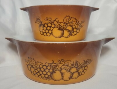 Lot of 2 Vtg Pyrex OLD ORCHARD Fruit Brown 1 qt 2.5 qt Round Casserole ...