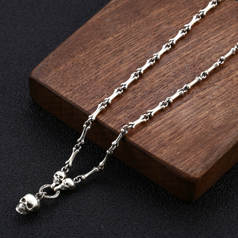 Handcrafted 925 Sterling Silver Skull&Bone Gothic Biker Necklace Chain ...