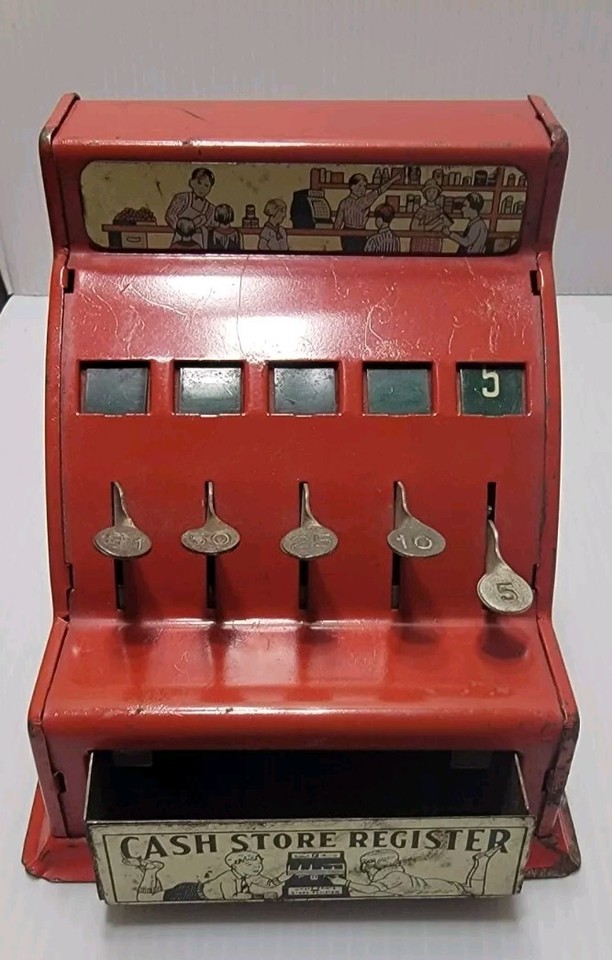Antique Durable Toy Co. USA Red Small Toy Metal Store Cash Register ...