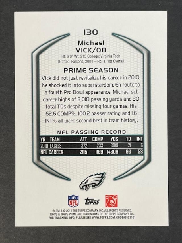 2011 Topps Prime - MICHAEL VICK # 130 🔥WELL CENTERED🔥- FANTASTIC COLOR ...