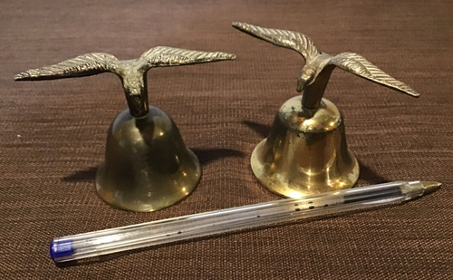 PAIR OF SMALL BRASS HAND BELLS WITH EAGLE FINIALS - 4.2CM DIAMETER ...