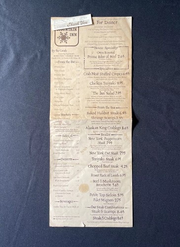 1977 Vintage Menu Shaker Mountain Inn Glendale California Pasadena CA ...