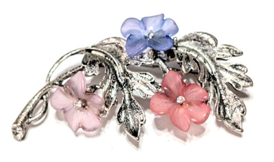 Vintage Flower Brooch Pin Pink Blue Antiqued Silver-tone 2.5" Floral ...