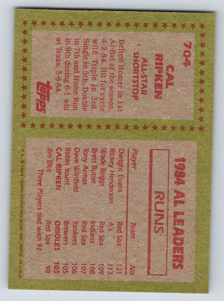 1985 Topps - All Star #704 Cal Ripken | eBay
