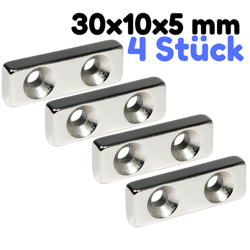 4x Neodym Magnet Mit Loch Quader 30x10x5mm Magnetquader Bohrung Senkung ...