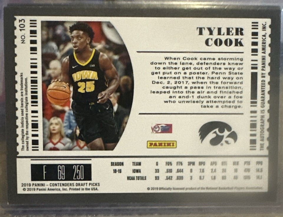 Tyler Cook Iowa Hawkeyes Basketball Panini Autograph Rookie Card Auto ...