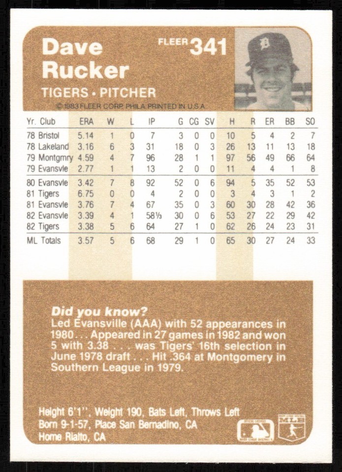 1983 Fleer Dave Rucker Detroit Tigers #341 | eBay