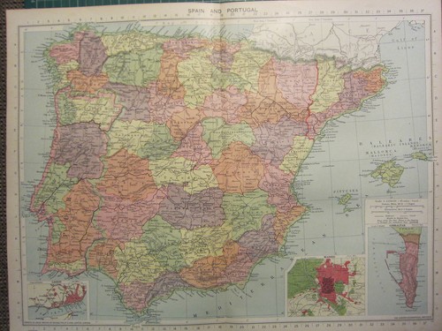 1939 MAP ~ SPAIN & PORTUGAL MADRID LISBON CITY PLAN GOBRALTAR BALEAROC ...