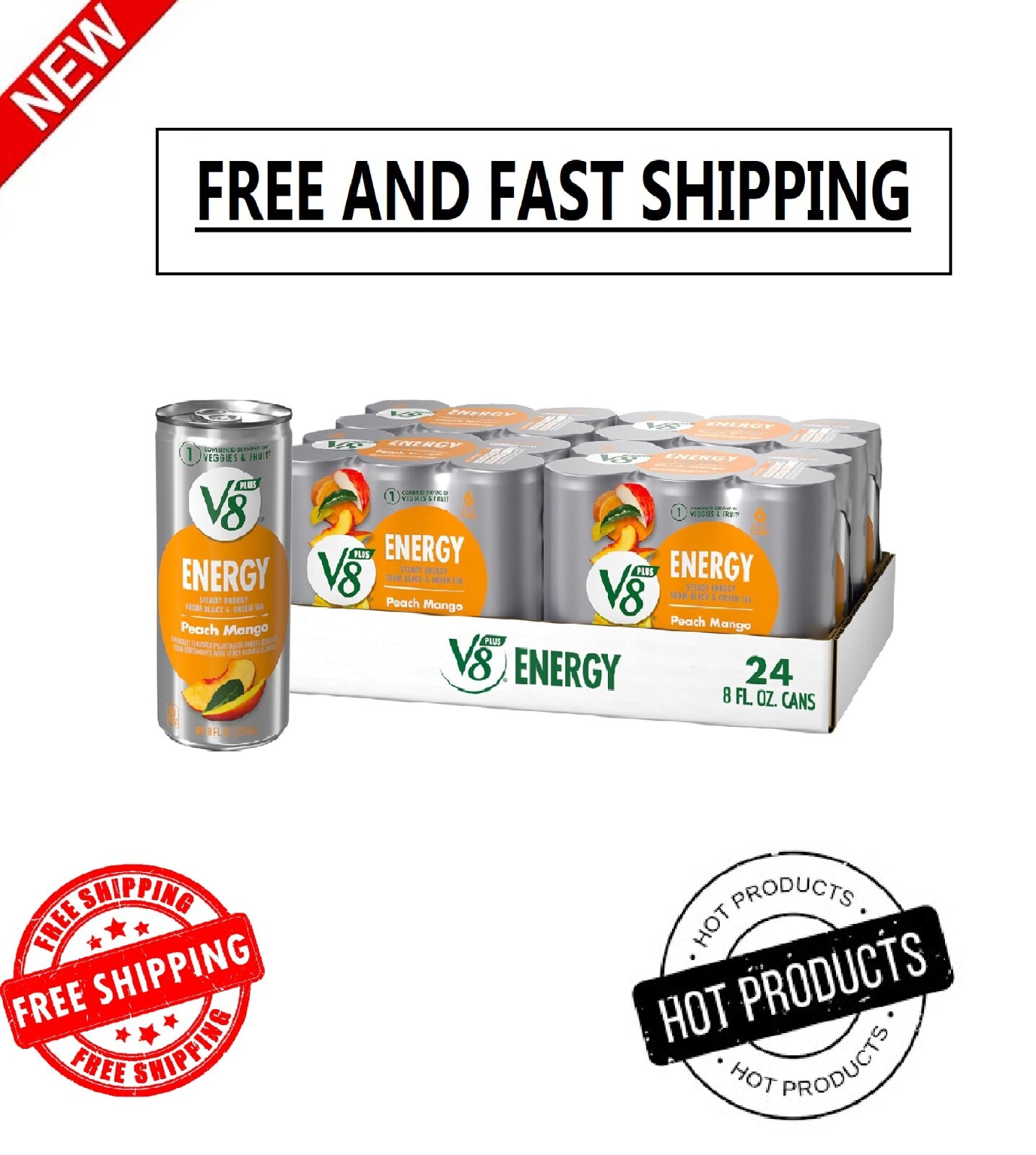 V8 +ENERGY Peach Mango Energy Drink Made with Real Vegetable and Fruit ...