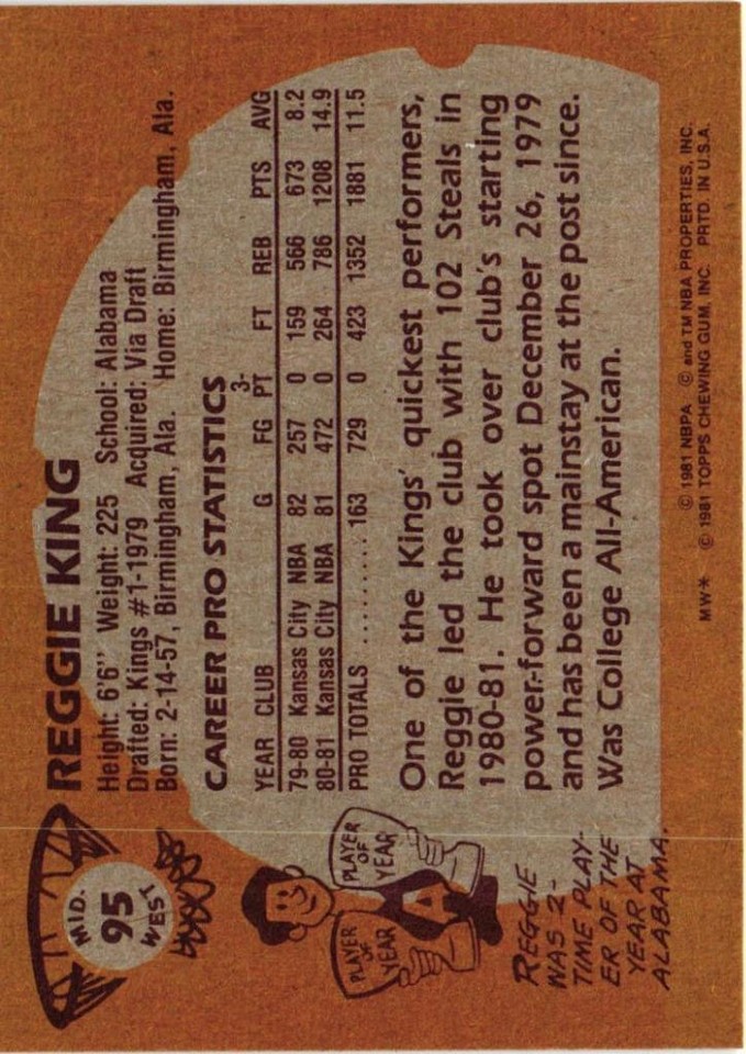 REGGIE KING 1980-81 Topps Basketball #95 FREE SHIP 50% OFF SALE ...